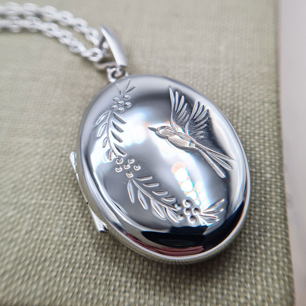 Sterling Silver Hummingbird Locket Necklace | Oval Photo Locket