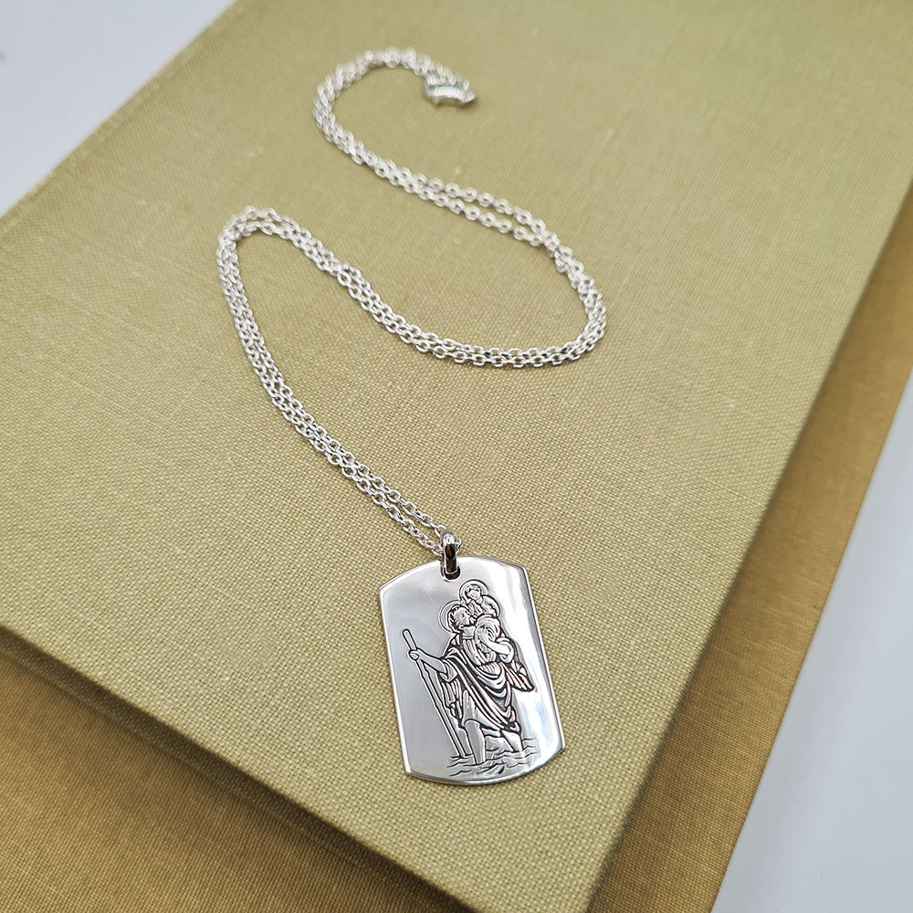 Personalised St Christopher Dog Tag Necklace in Sterling Silver